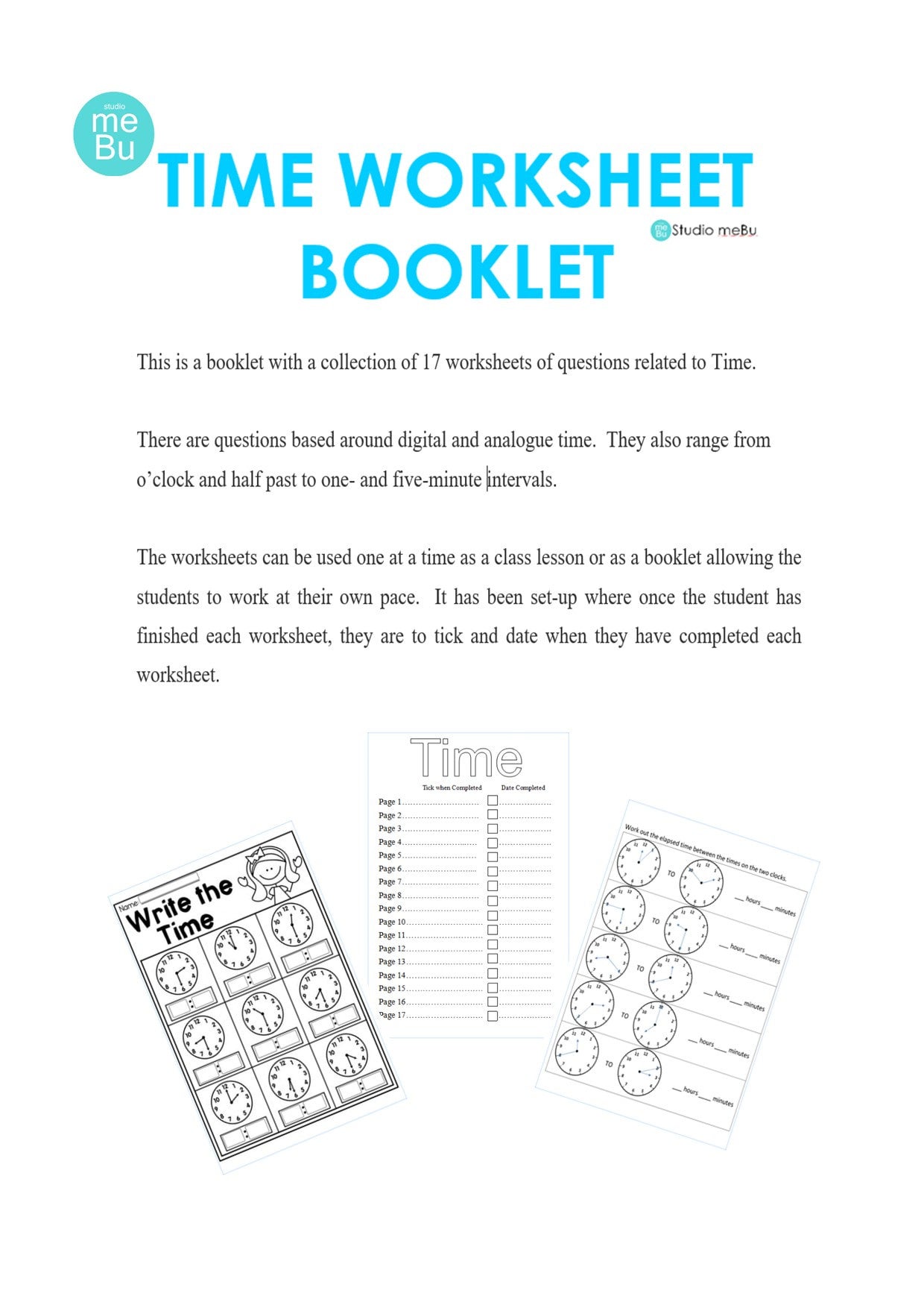 Time Worksheet Booklet. | Studio meBu